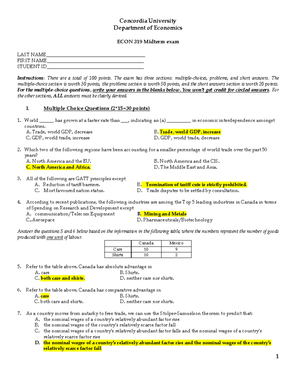Exam 2015, questions and answers - Concordia University Department of Economics ECON 319 Midterm ...