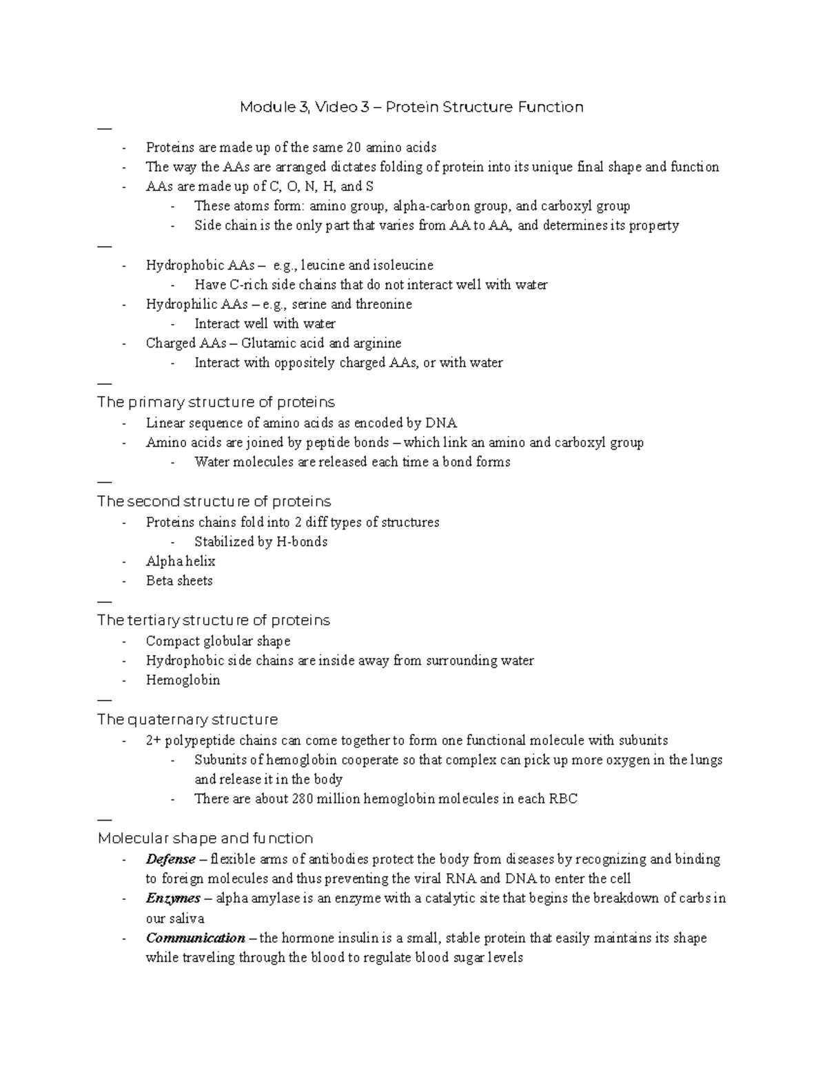 Module 3, Video 3 – Protein Structure Function - Module 3, Video 3 – Protein Structure Function ...