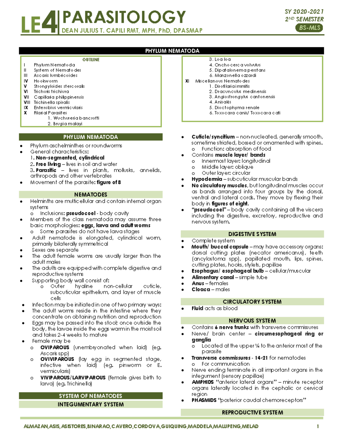 Trans Lec 4 Parasitology Nematodes Trichinella spiralis midterms - SY ...