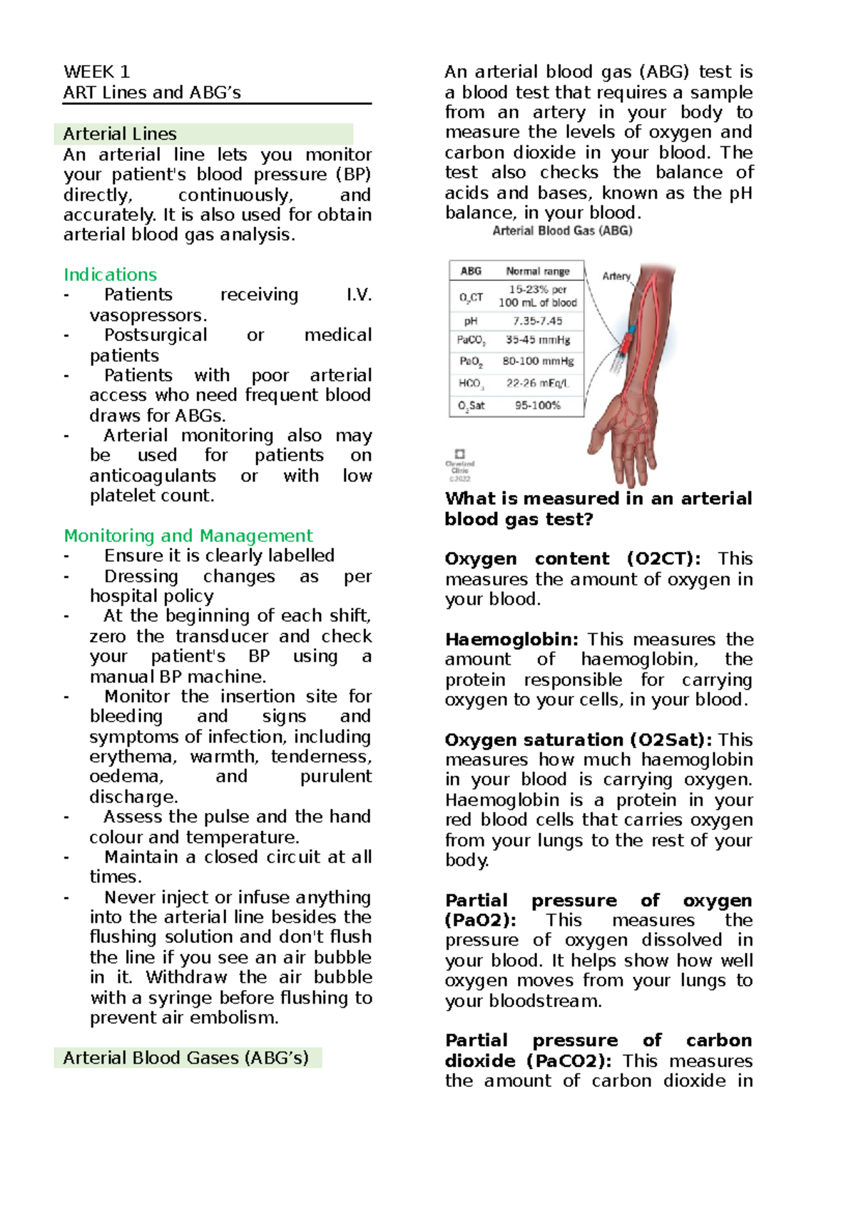ART Lines and ABG's - WEEK 1 ART Lines and ABG’s Arterial Lines An ...