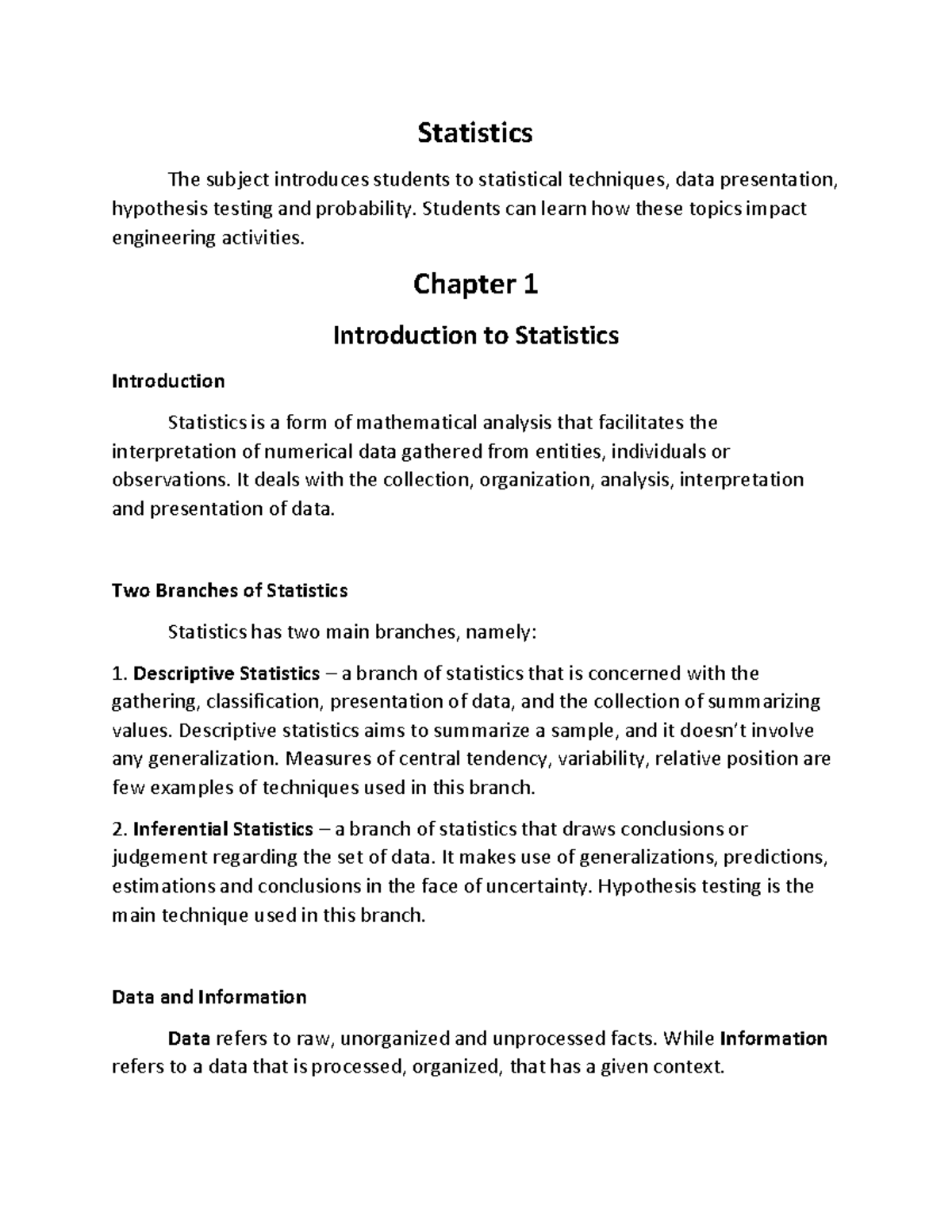 Statistics - Mathematics stats - Statistics The subject introduces ...