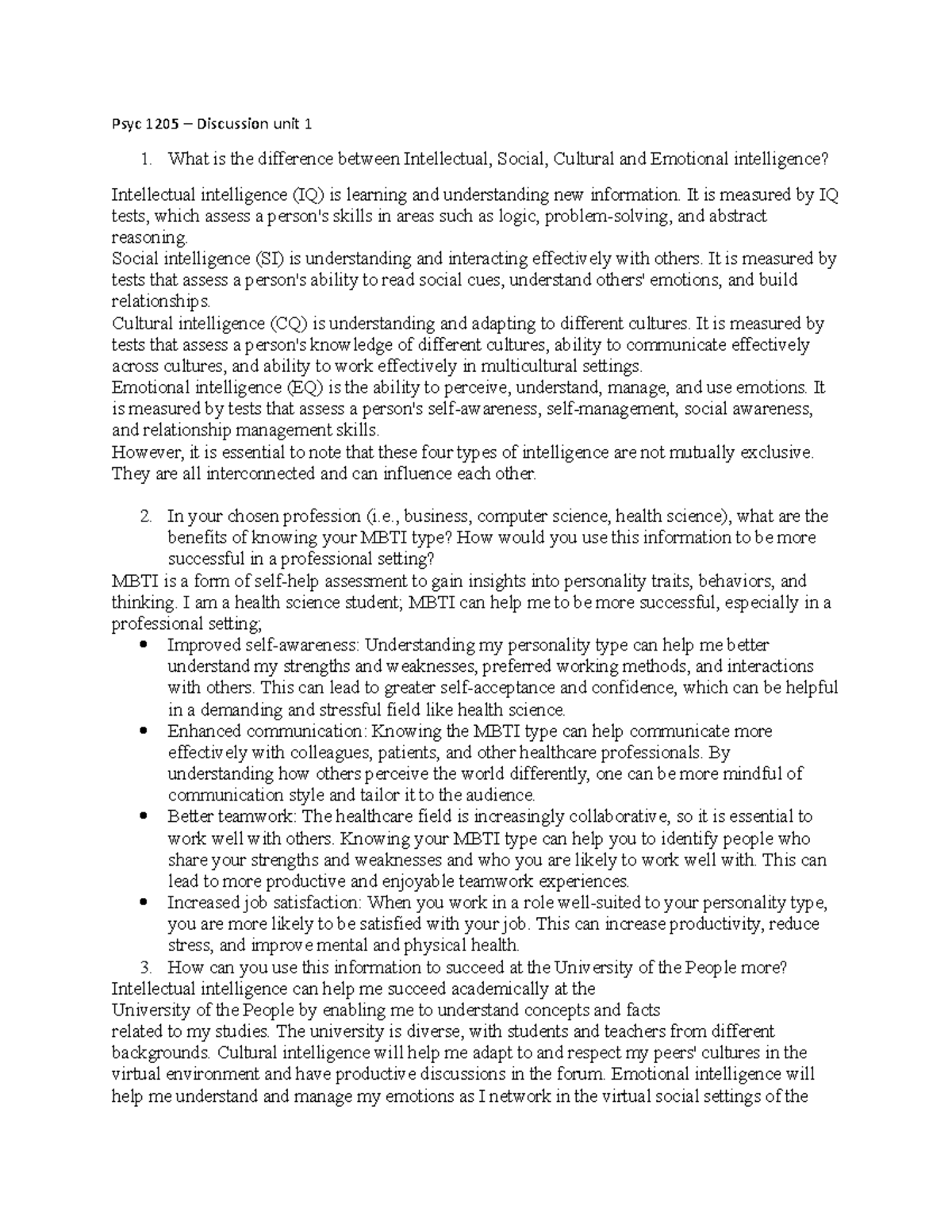 Psyc 1205 discussion unit 1 - Psyc 1205 – Discussion unit 1 1. What is the difference between ...