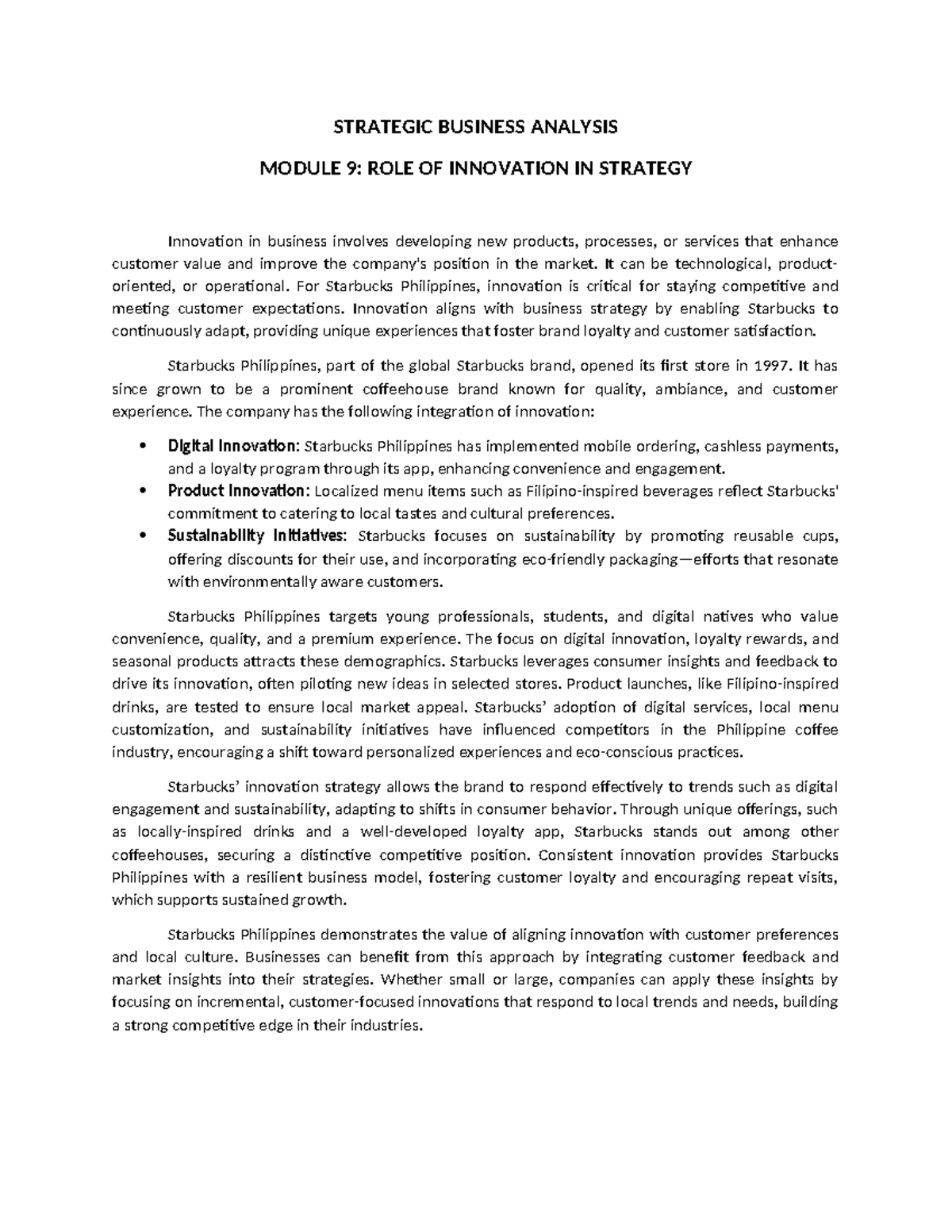 SBA Module 9 - Strategic Business Analysis - STRATEGIC BUSINESS ...