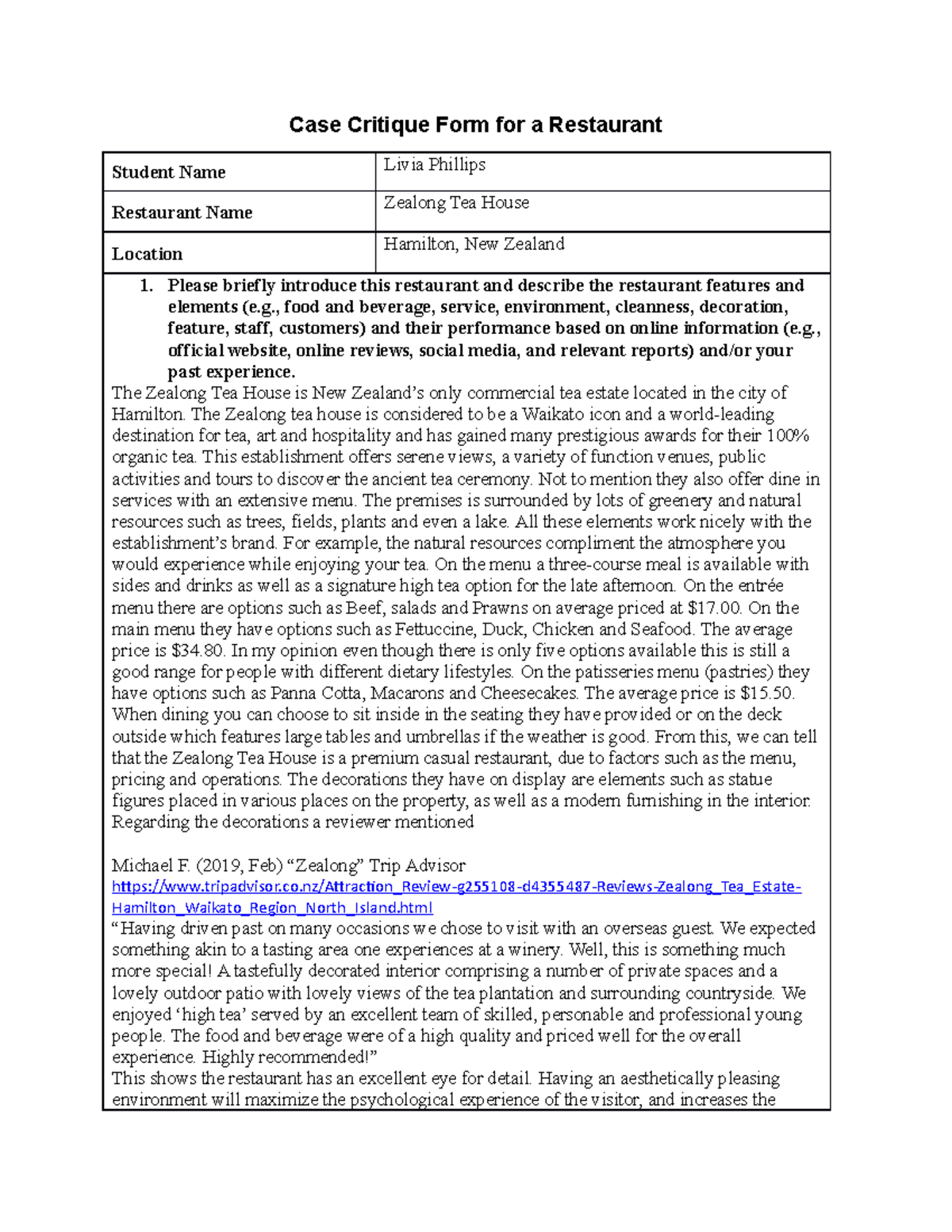 Case Critique Form 3 Restaurant - Case Critique Form for a Restaurant ...