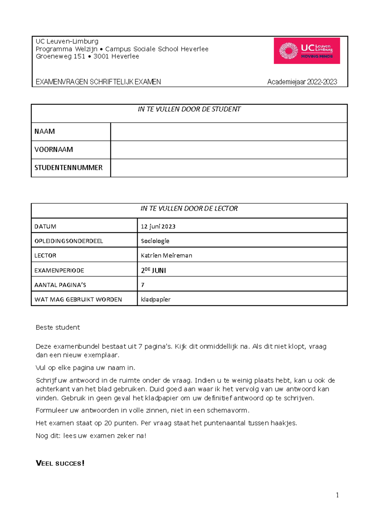 Voorbeeld examen sociologie - UC Leuven-Limburg Programma Welzijn ...