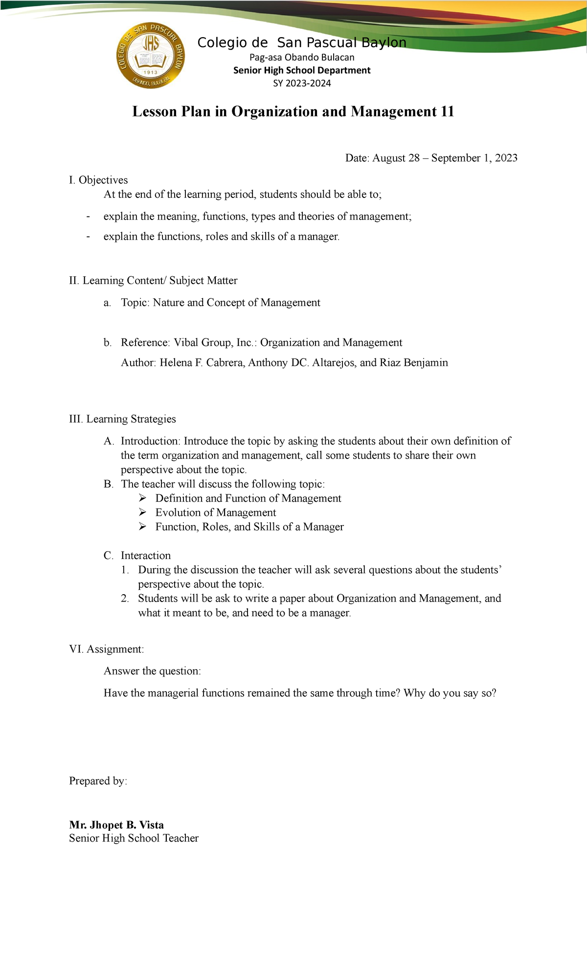1. Org Management Lesson Plan Nature and Concept of Management ...