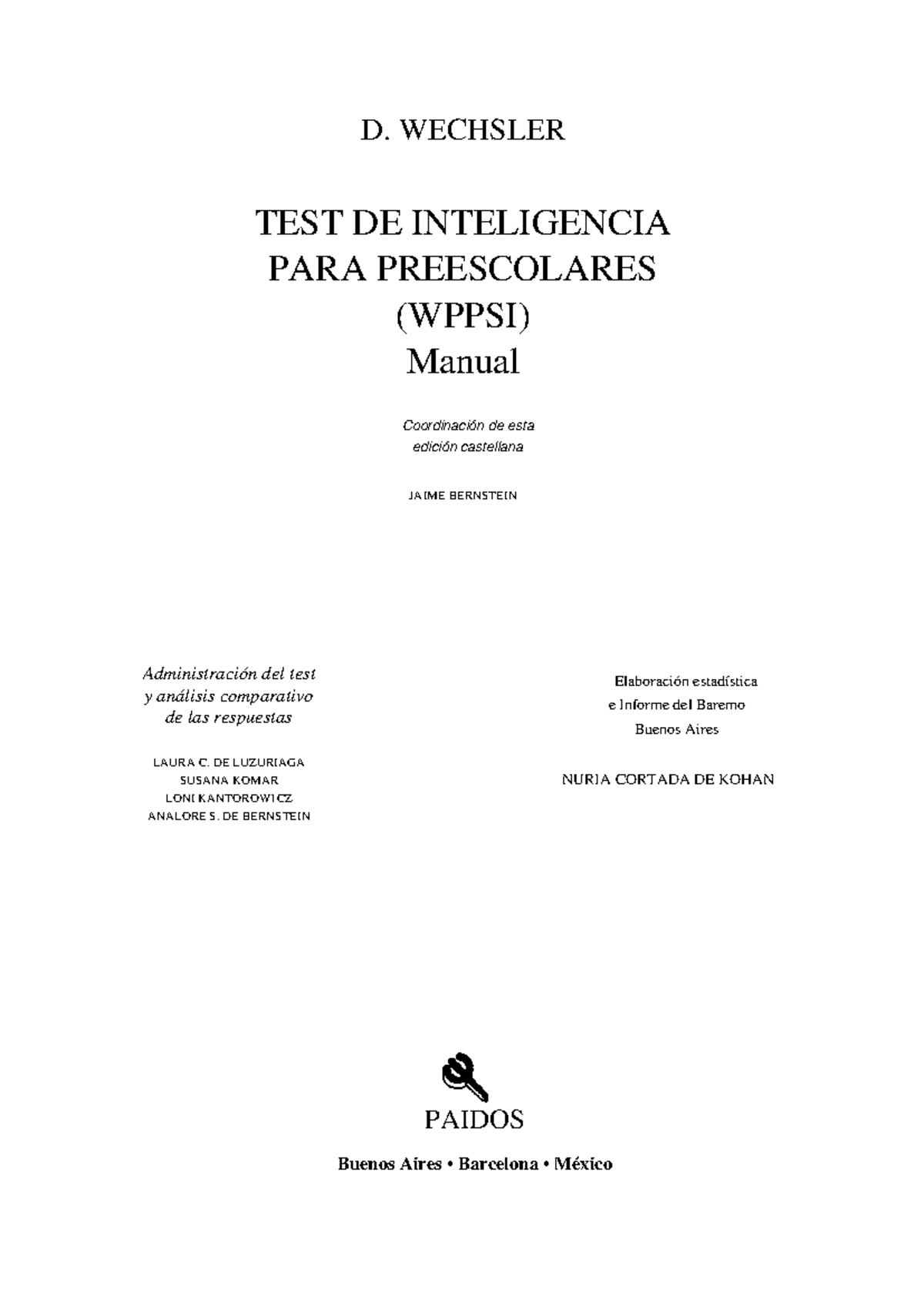 Manual Wppsi 2 - D. WECHSLER TEST DE INTELIGENCIA PARA PREESCOLARES ...