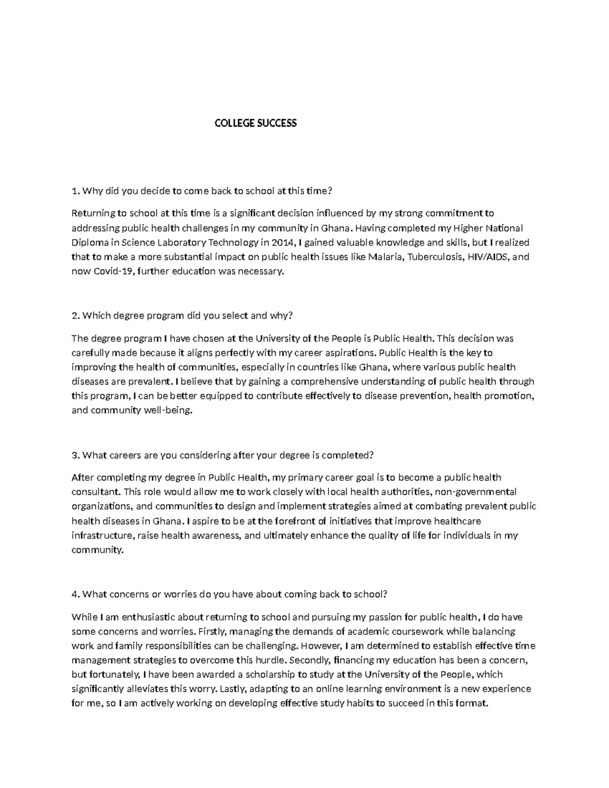 Assignment on College Success - COLLEGE SUCCESS Why did you decide to ...