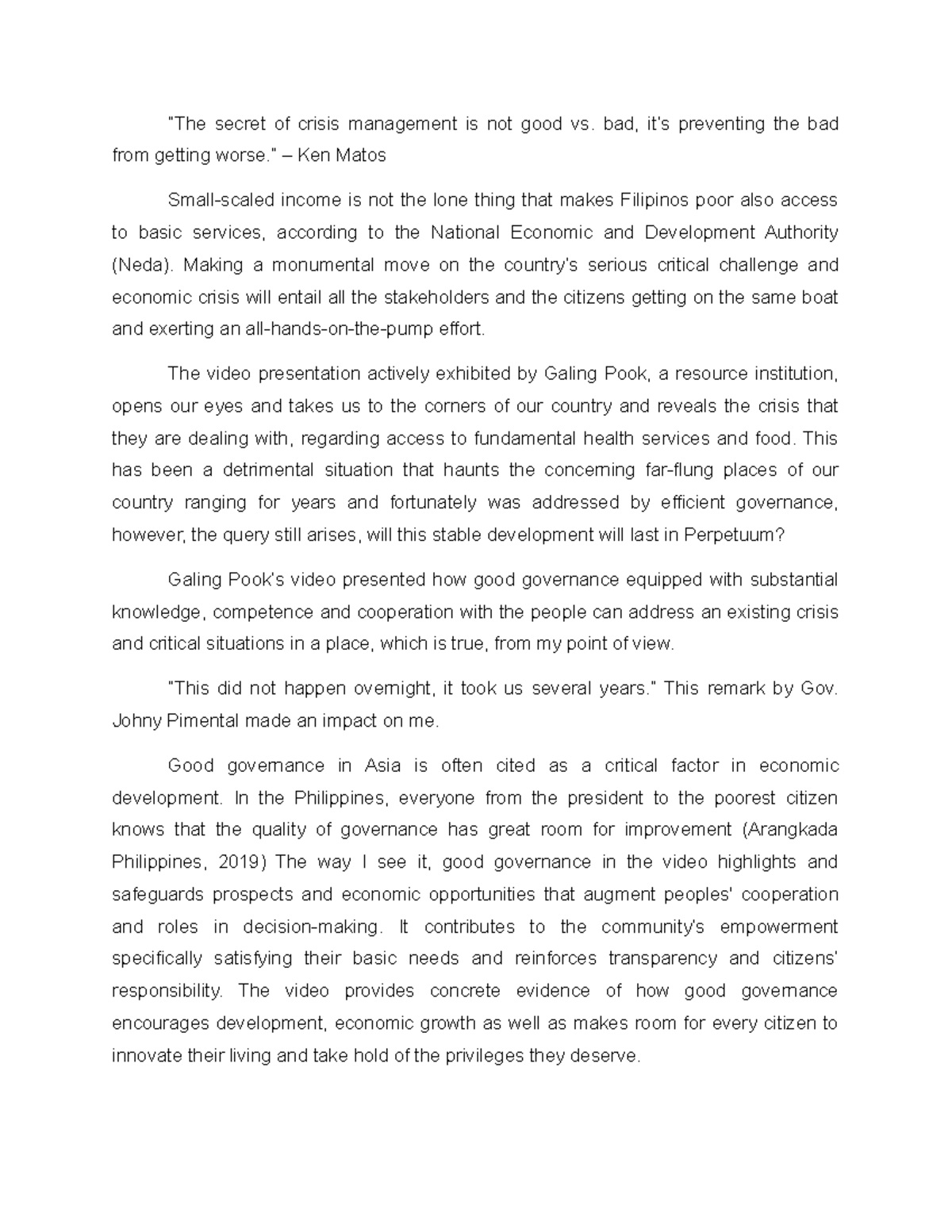 Reaction-Paper - reaction paper - “The secret of crisis management is ...