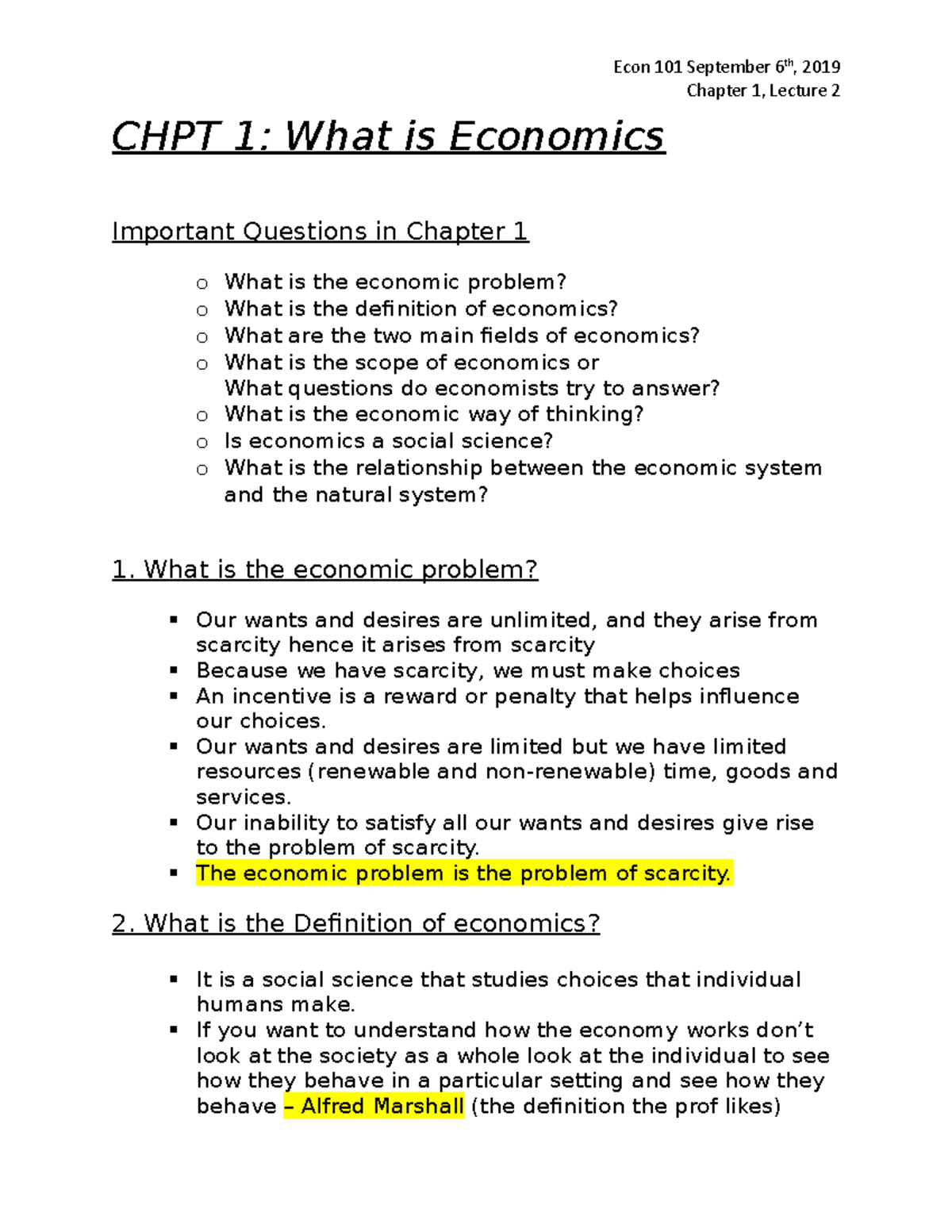 Econ Lecture 1 & 2 & 3 Notes - Chapter 1, Lecture 2 CHPT 1: What is ...