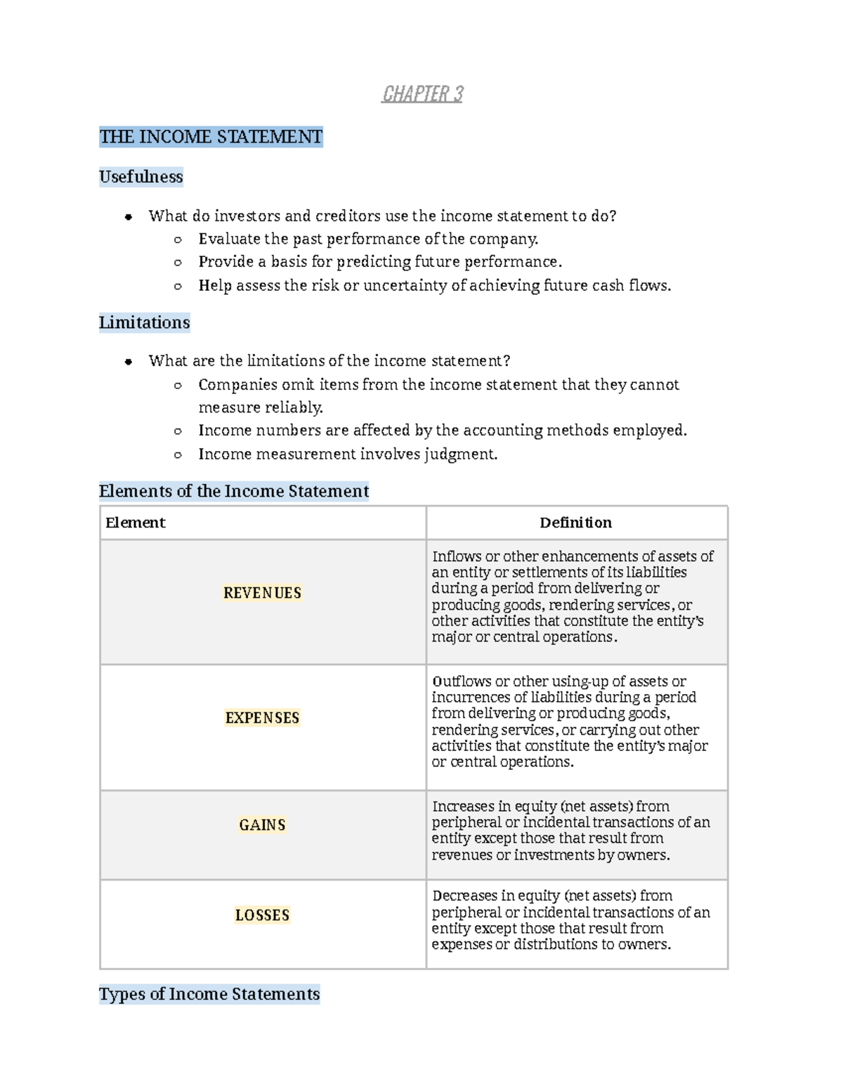 Chapters 3 & 4 - Notes - CHAPTER 3 THE INCOME STATEMENT Usefulness What ...