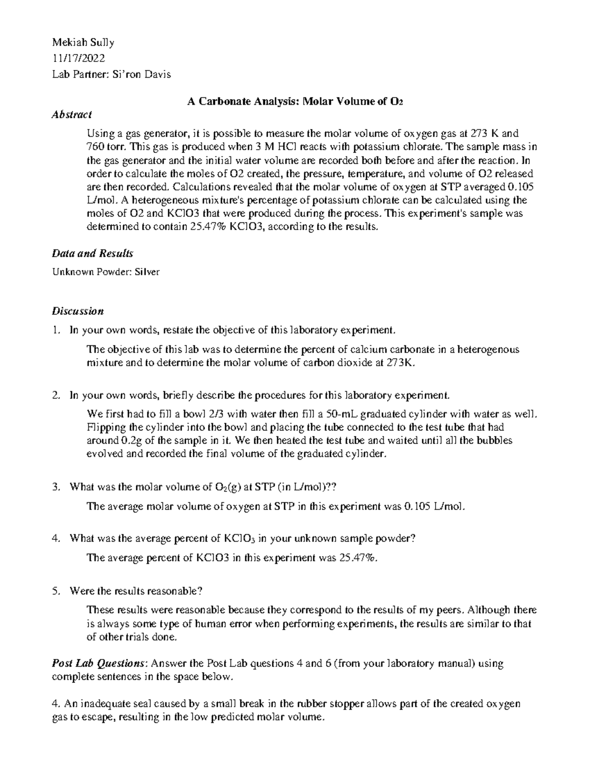 Short Report Form - GCI - Molar Volume - Mekiah Sully 11/17/ Lab ...