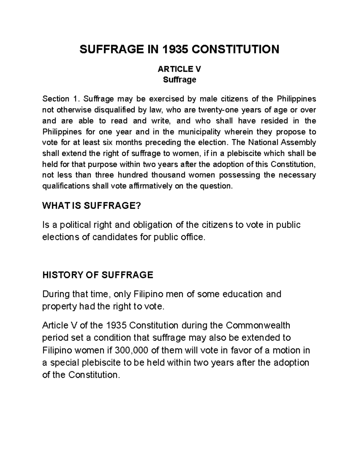 RPH Report about suffrage - SUFFRAGE IN 1935 CONSTITUTION ARTICLE V Suffrage Section 1. Suffrage ...