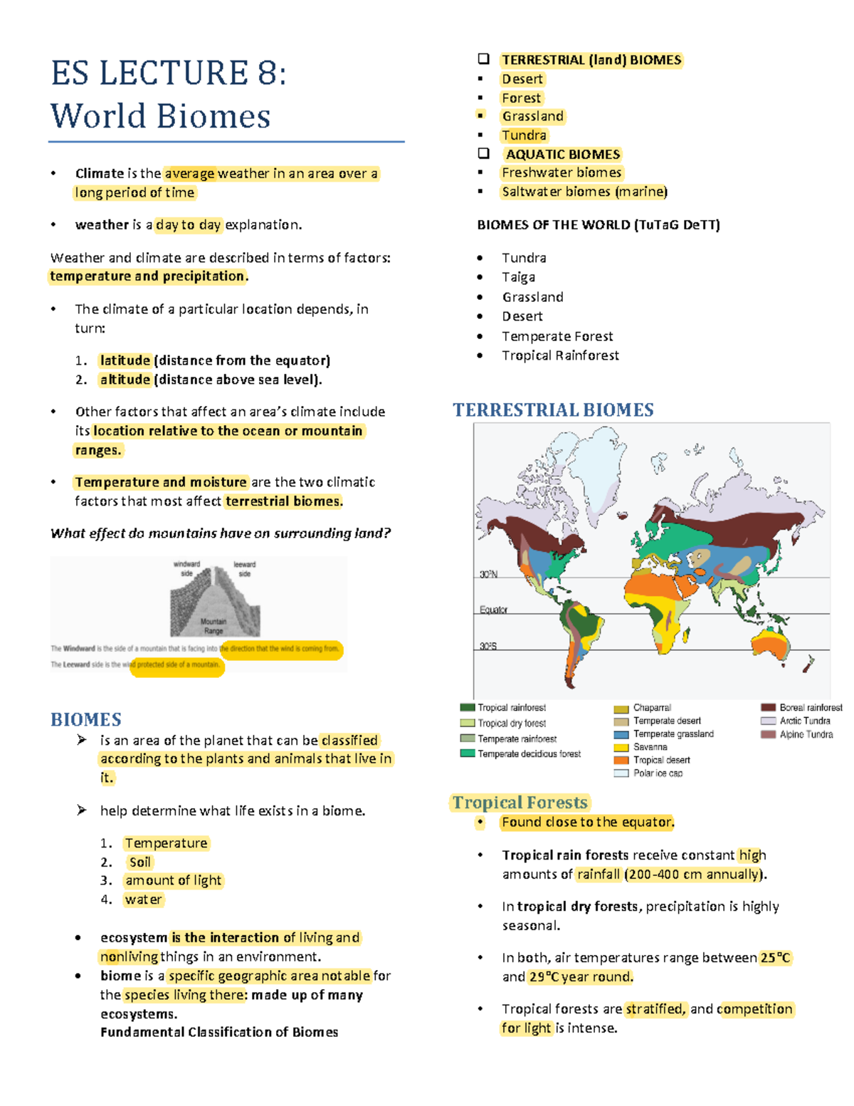 ES Lecture 8 - ES LEC NOTES - ES LECTURE 8: World Biomes Climate is the ...
