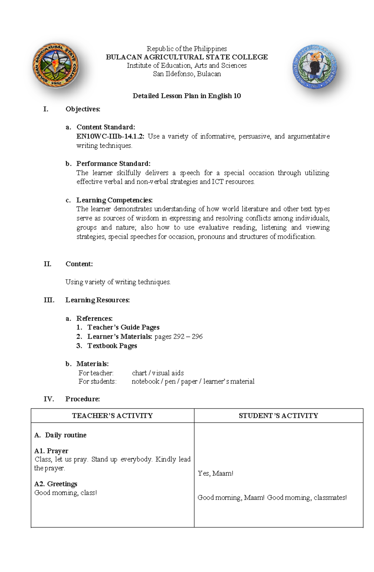 Detailed Lesson Plan DLL - Republic of the Philippines BULACAN ...