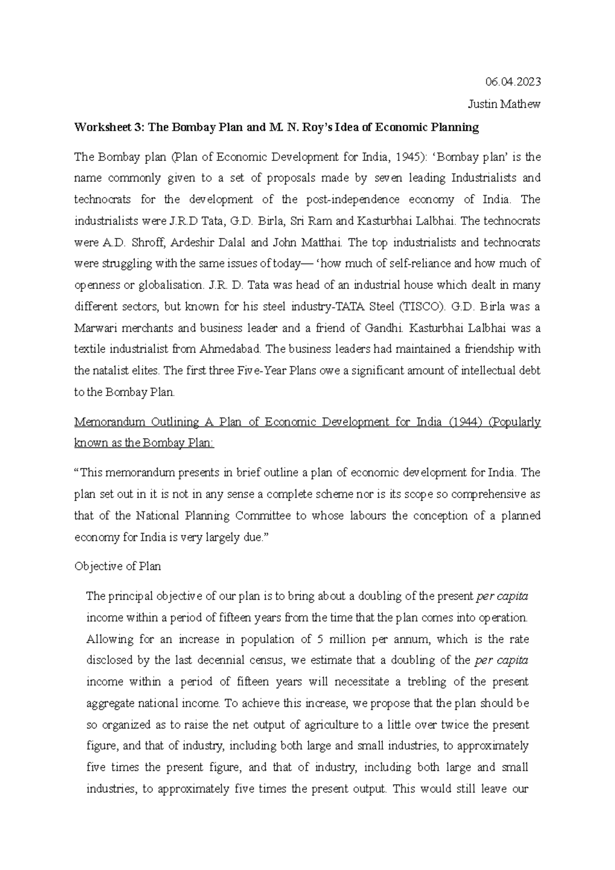 Worksheet 3 Economic Planning - 06. Justin Mathew Worksheet 3: The ...