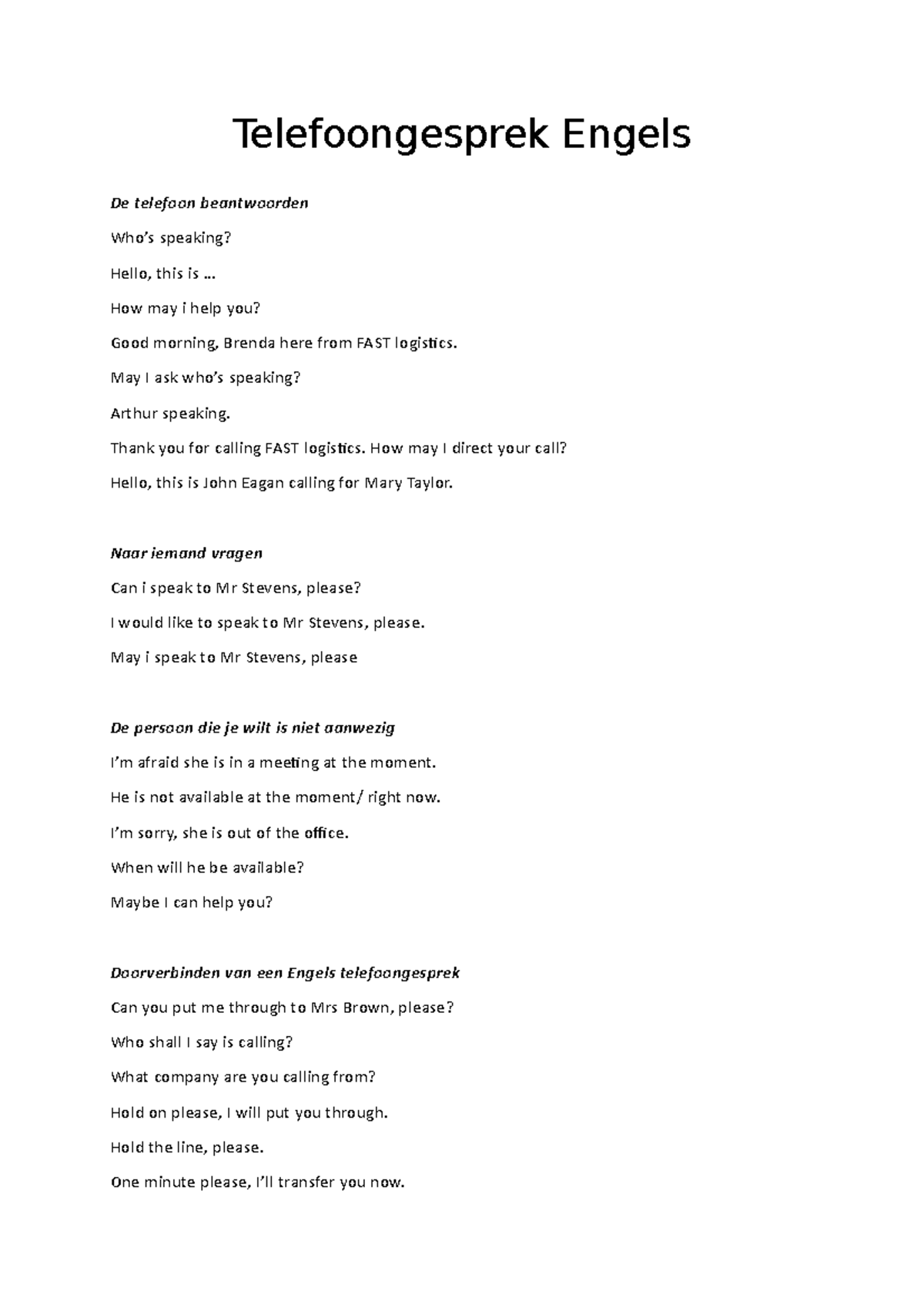 Hoe voor ik een telefoongesprek in het Engels - HoGent - Studocu