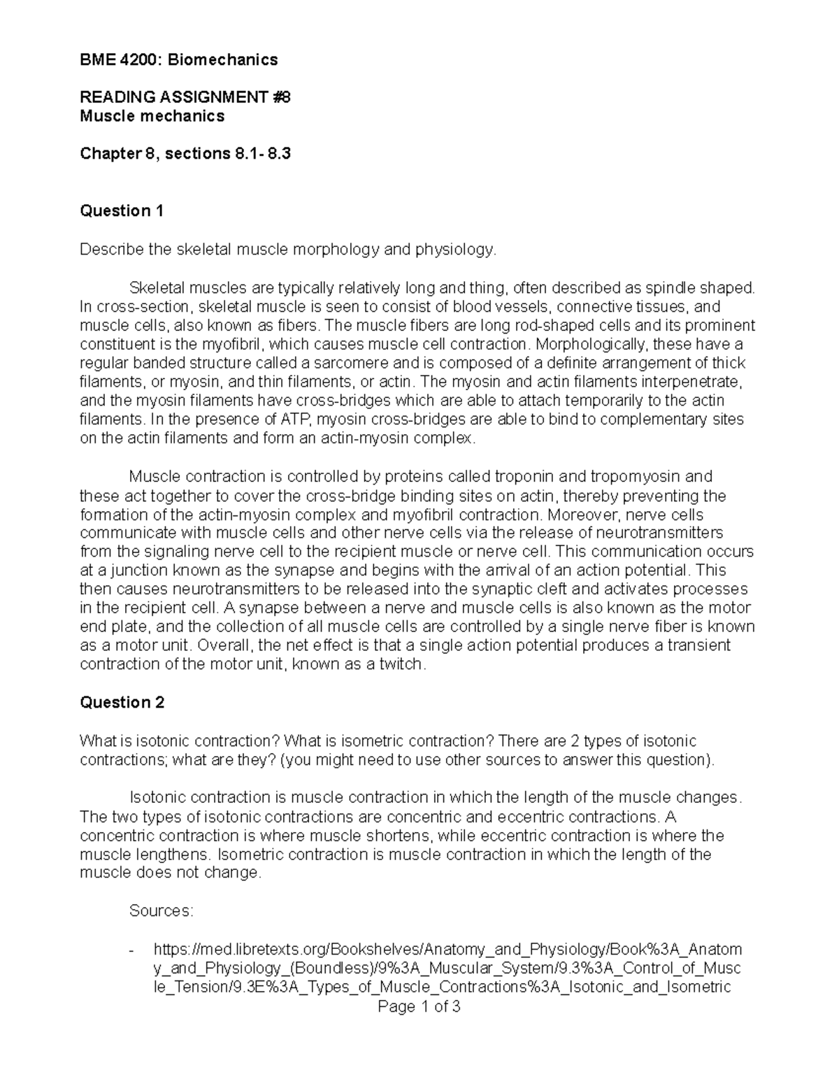 BME 4200 Reading 8 - BME 4200: Biomechanics READING ASSIGNMENT # Muscle ...