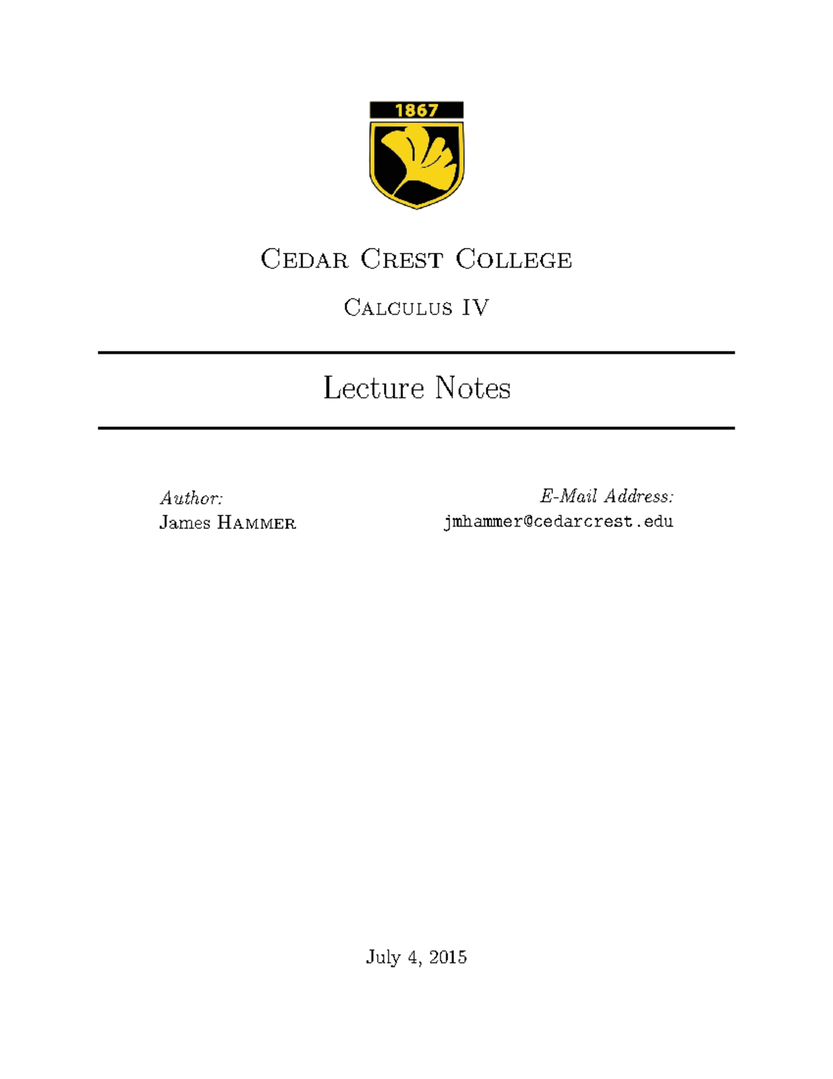 Calculus IV Lectures - ENJOY - Cedar Crest College Calculus IV Lecture ...