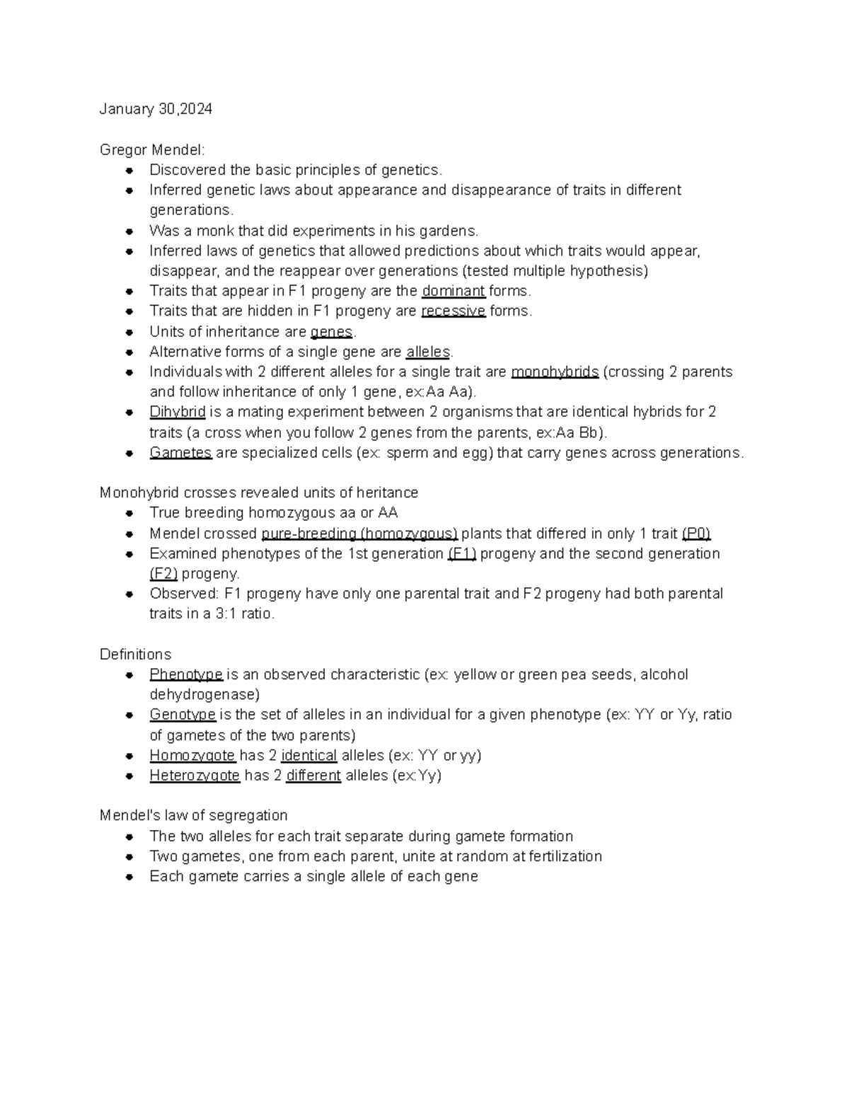 Genetics - practice - January 30, Gregor Mendel: Discovered the basic ...
