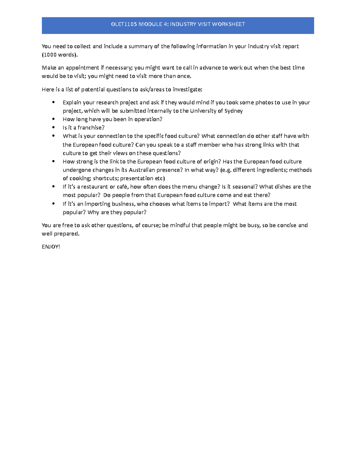Module 4 industry visit worksheet-2 - You need to collect and include a ...