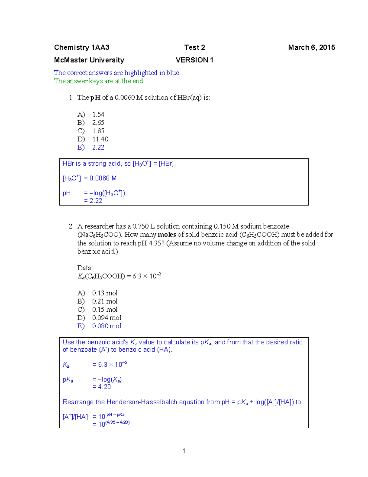 Chem 1AA3 Test 2015, answers - Chemistry 1AA3 McMaster University Test ...