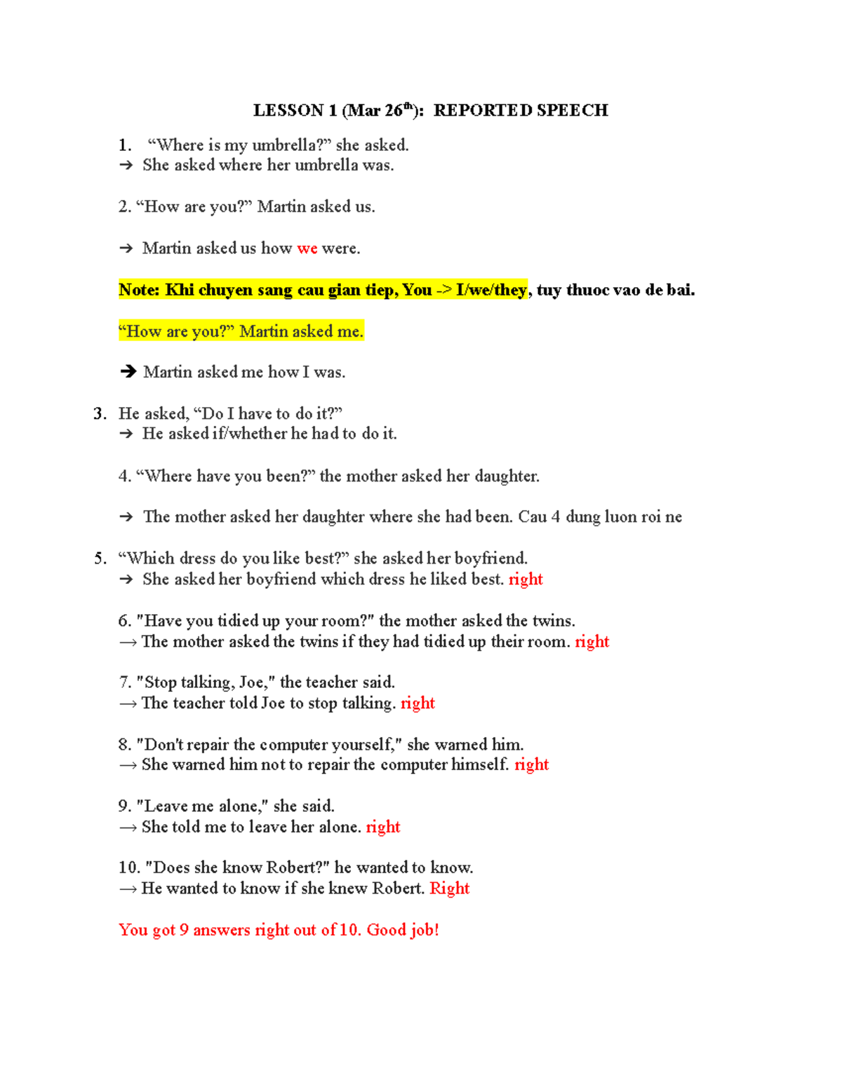 Lesson 1 - Reported Speech - LESSON 1 (Mar 26th): REPORTED SPEECH 1 ...