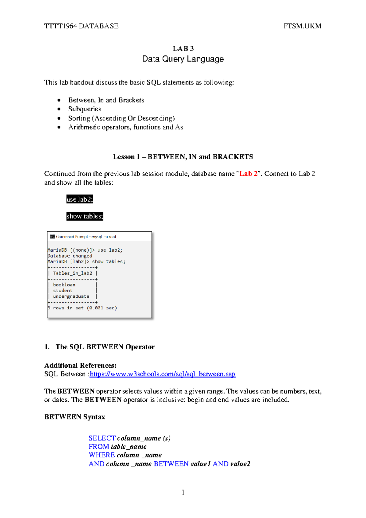 [Student] LAB 3 DATA Query Language - LAB 3 DATA QUERY LANGUAGE This lab handout discuss the ...