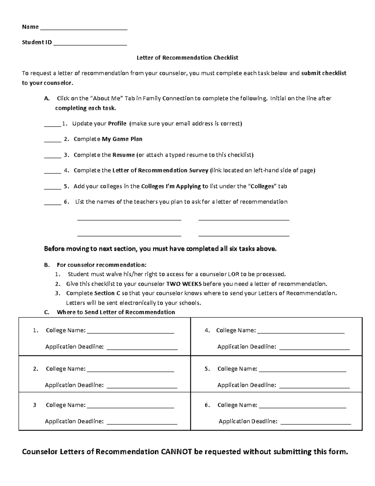 Letter of recommendation checklist - Name ...