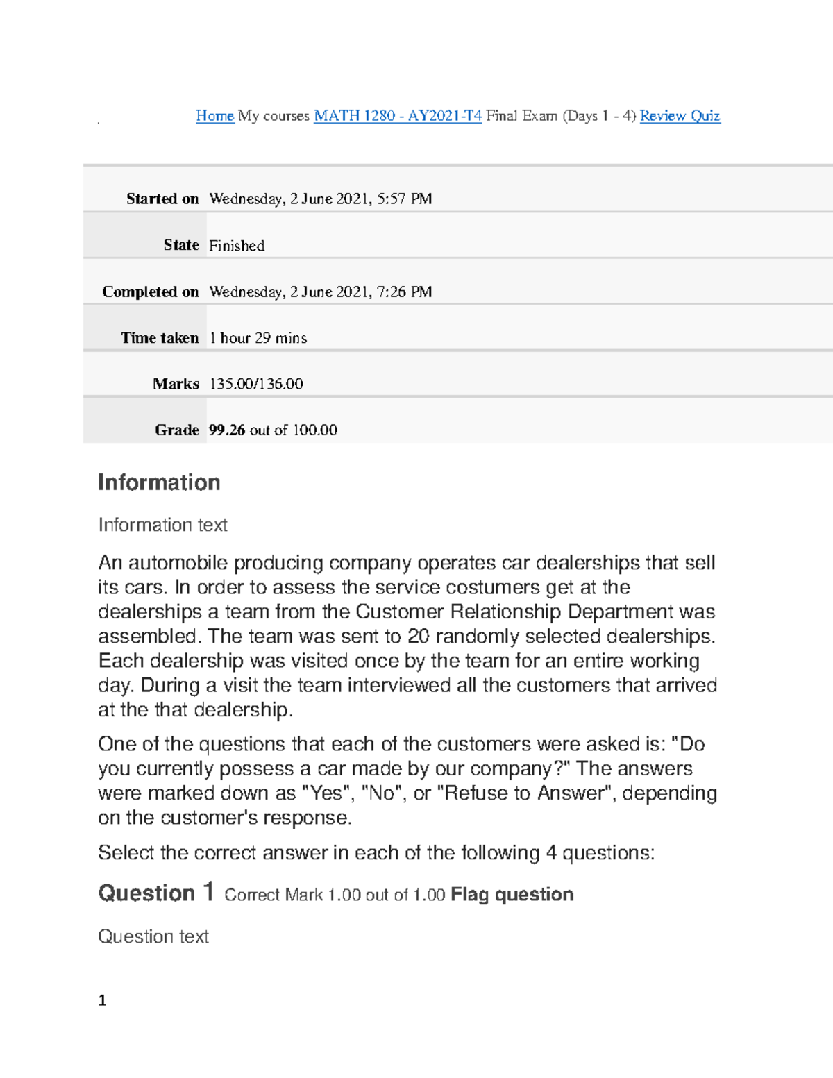 Final Review Quiz for Introduction to Statistics - MATH 1280 - UoPeople ...