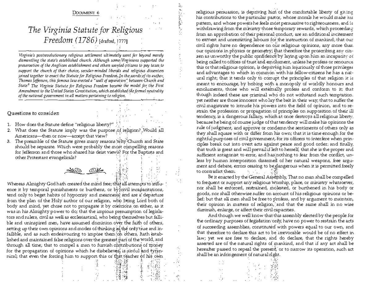 Jefferson,VA Religious Freedom - DOCUMENT 6 The Virginia Statute for ...