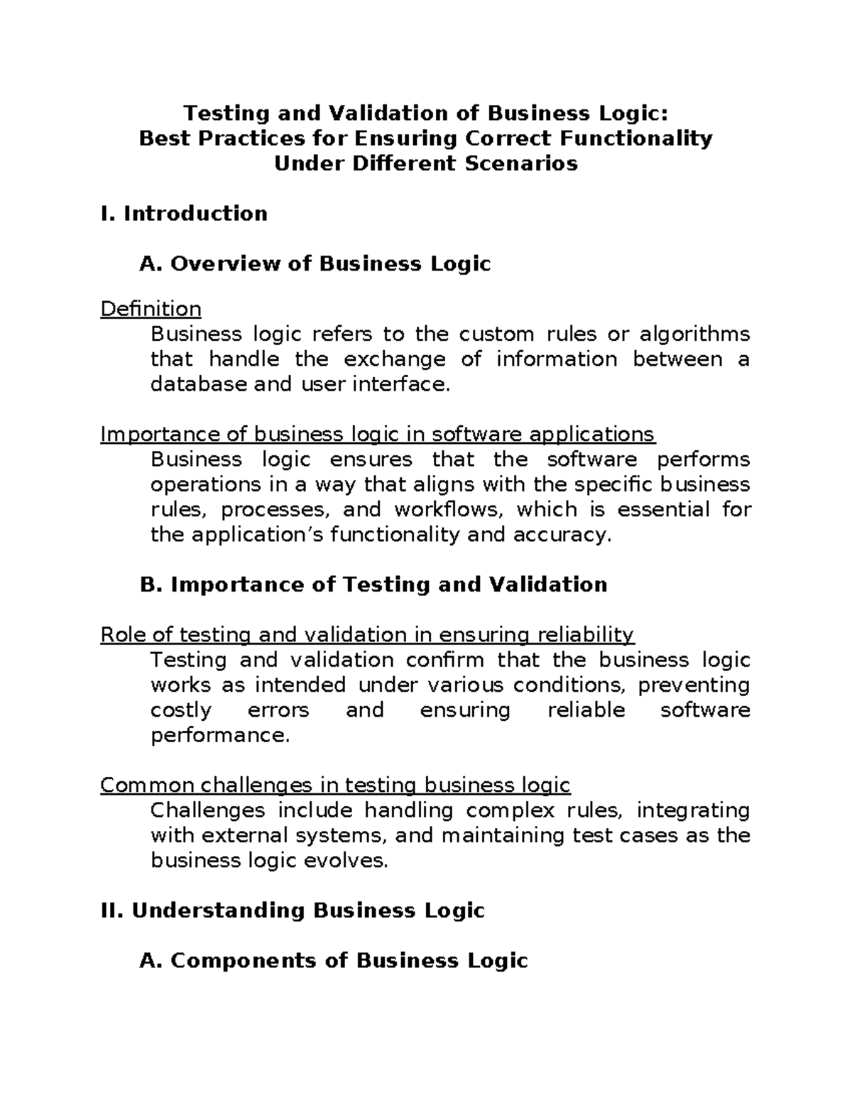 Testing and Validation of Business Logic - Introduction A. Overview of ...