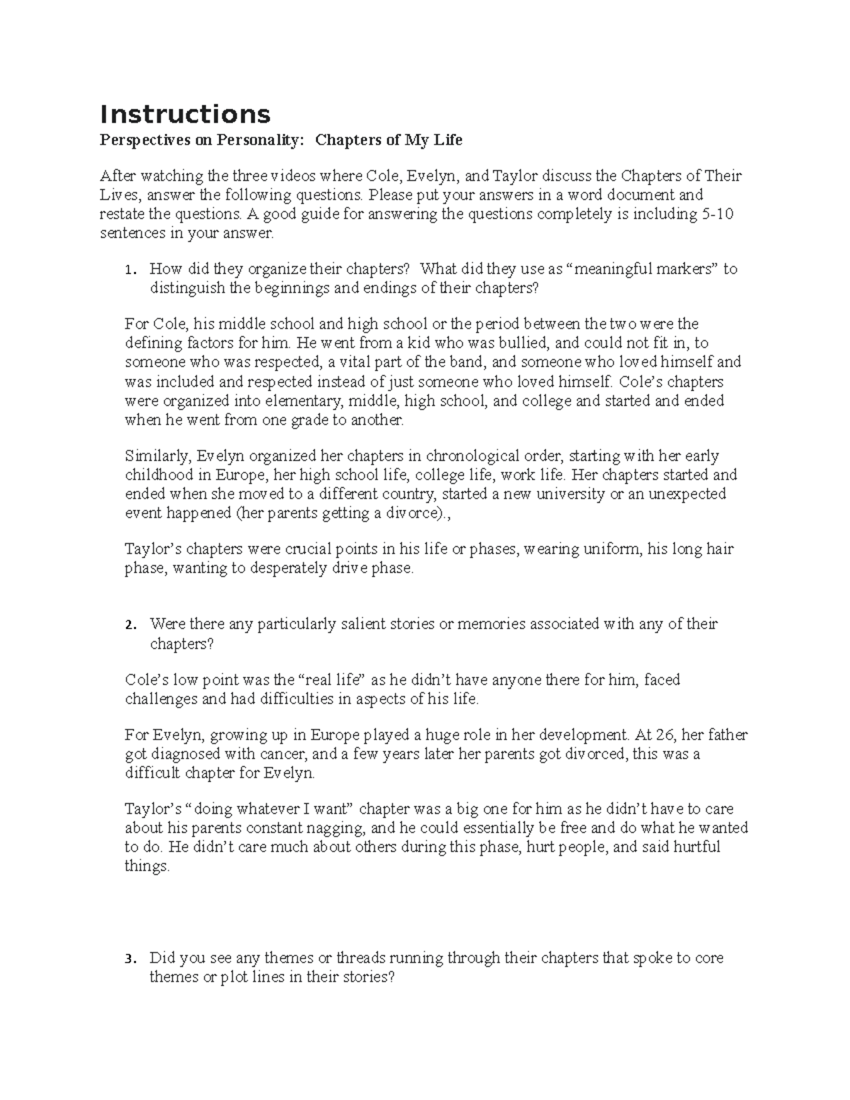 Perspectives on Personality Reflection Sheet Assignment 5-Chapters of ...