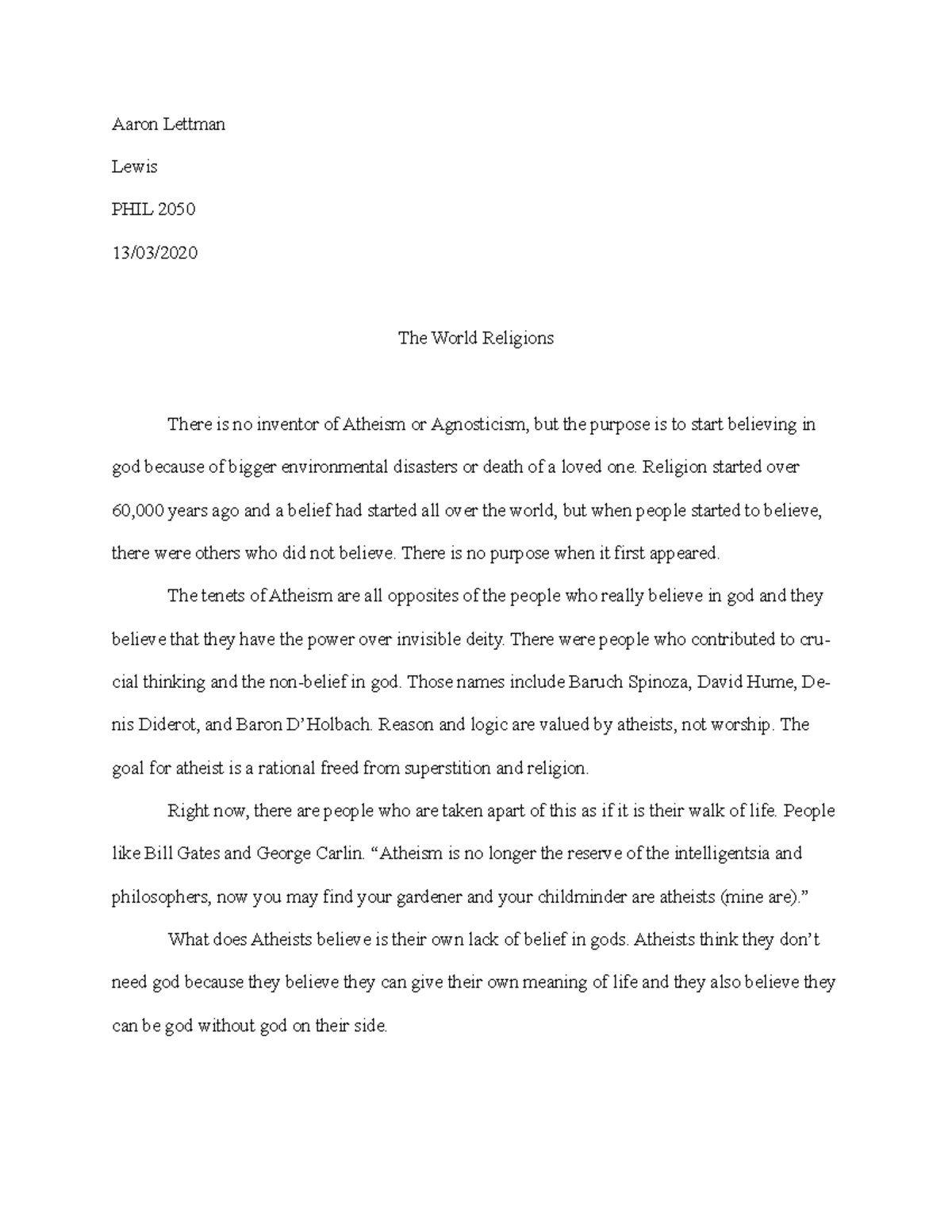 World Religions Paper - Aaron Lettman Lewis PHIL 2050 13/03/ The World ...