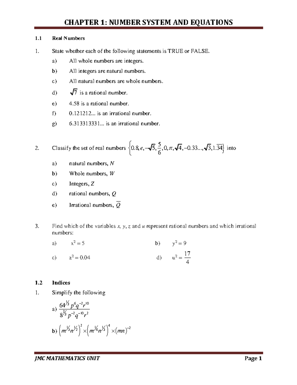 Chapter 1 Number Systems AND Equations - 1 Real Numbers State whether ...