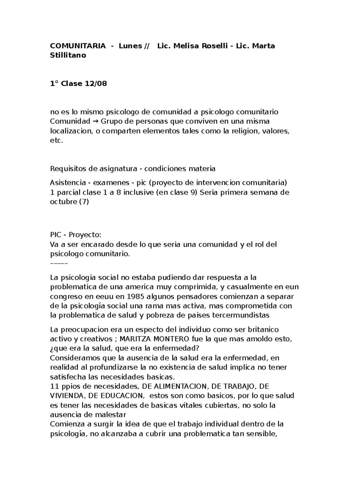 Comunitaria - 1RA CLASE- NOTAS - COMUNITARIA - Lunes // Lic. Melisa Roselli - Lic. Marta ...