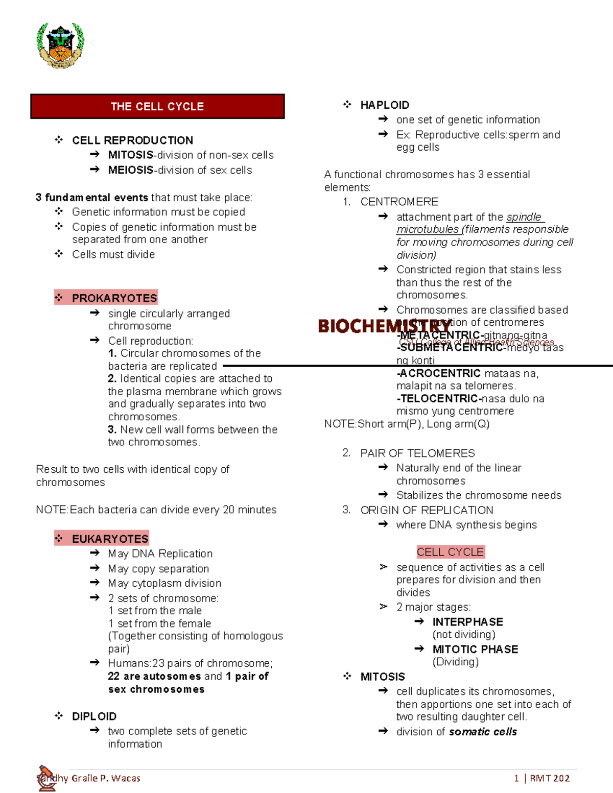 UNIT 4 - CELL - BIOCHEMISTRY CSU College of Allied Health Sciences THE CELL CYCLE CELL - Studocu