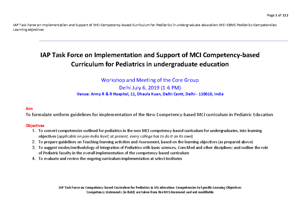 IAP Recommendations on Competency TO Objectives for teaching Pediatrics ...