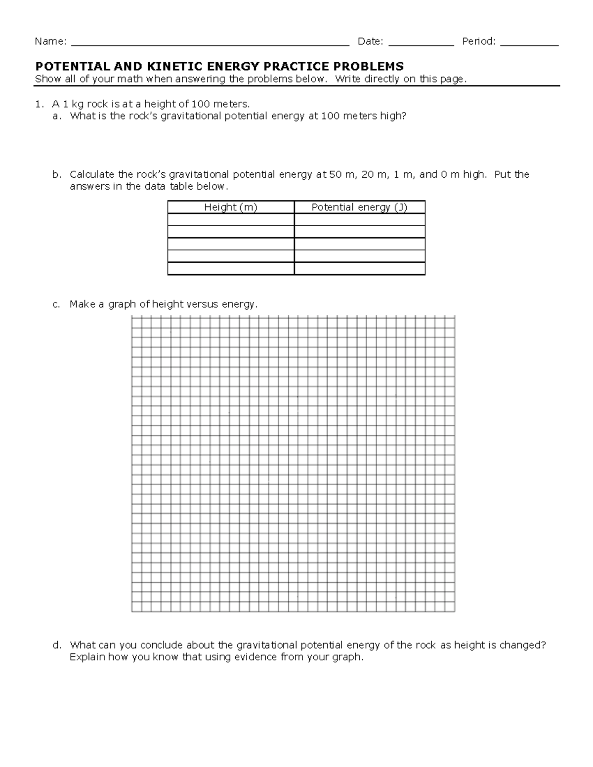 Potential and Kinetic Energy - Name: Date: Period: POTENTIAL AND ...