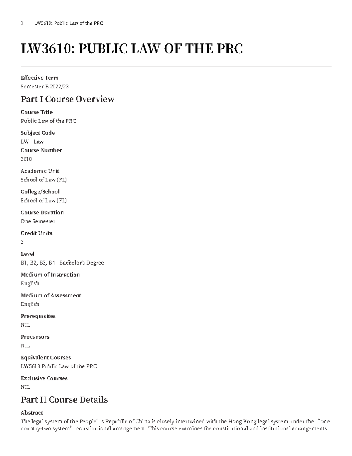 LW3610 - Course Outline - LW3610: PUBLIC LAW OF THE PRC Effective Term ...