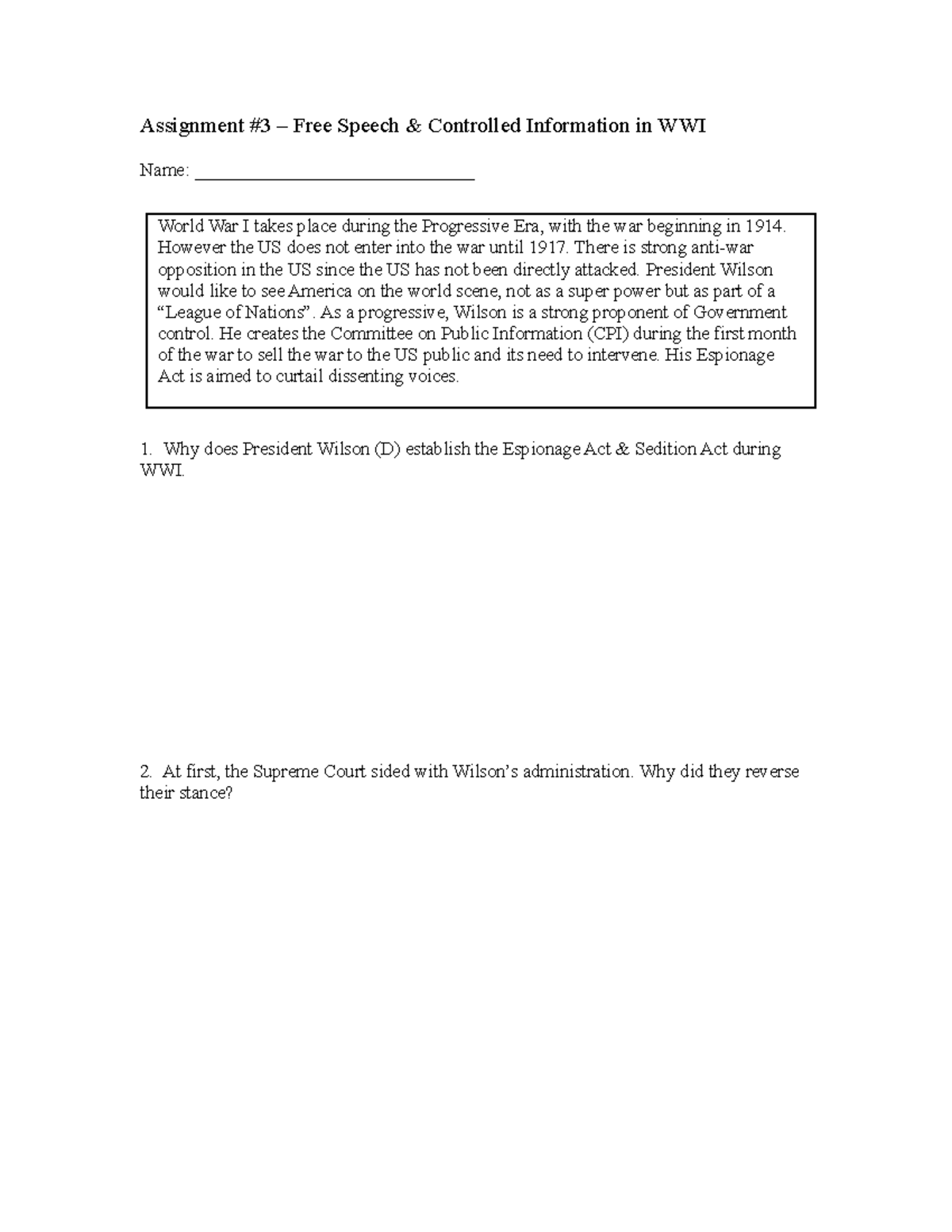 Assignment 03 Free Speech and Controlled Information in World War I ...