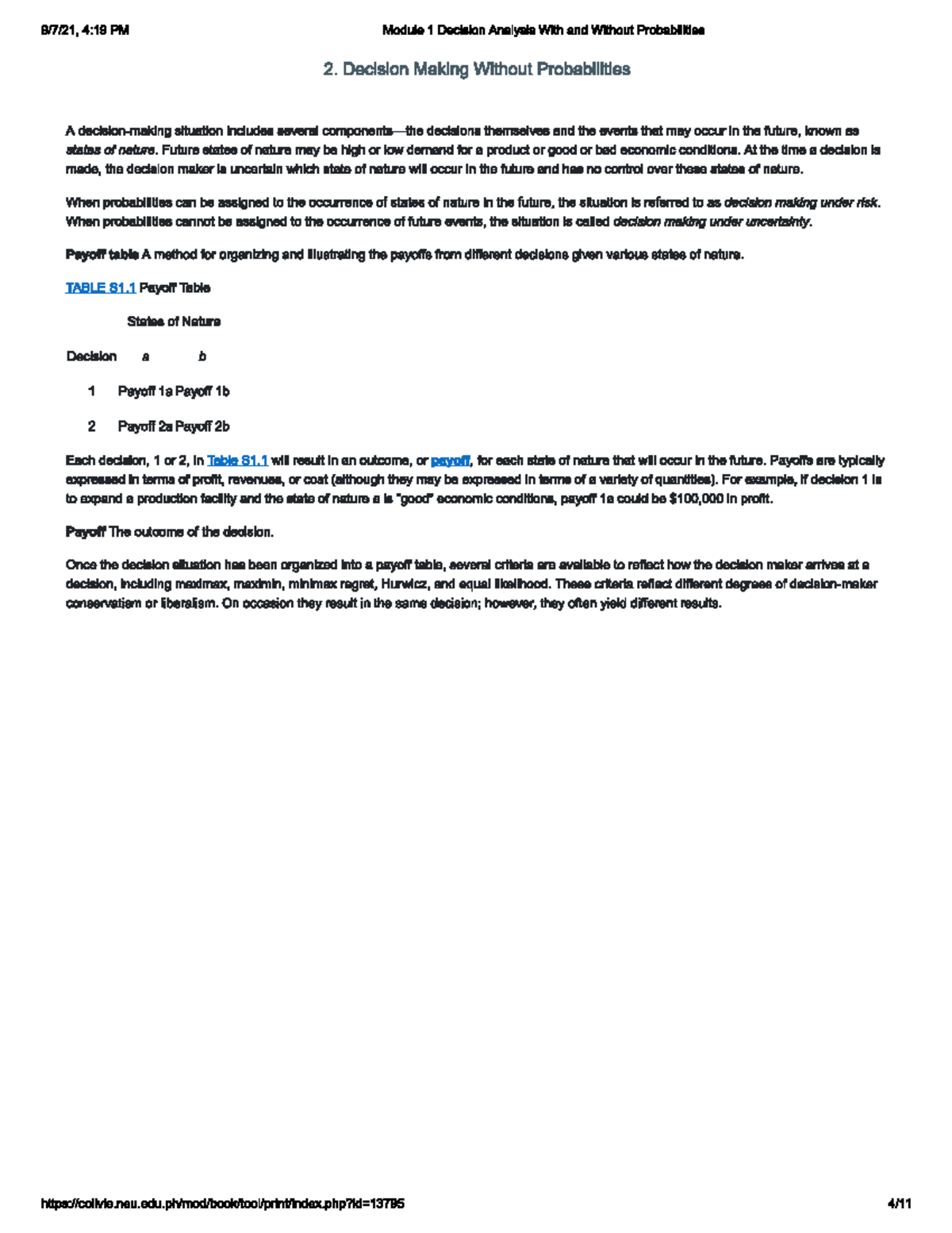 Module 1 Decision Analysis With and Without Probabilities - BS Accountancy - Studocu