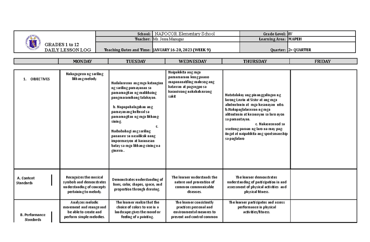 Mapeh - This is a sample daily lesson log for one week. This will help ...