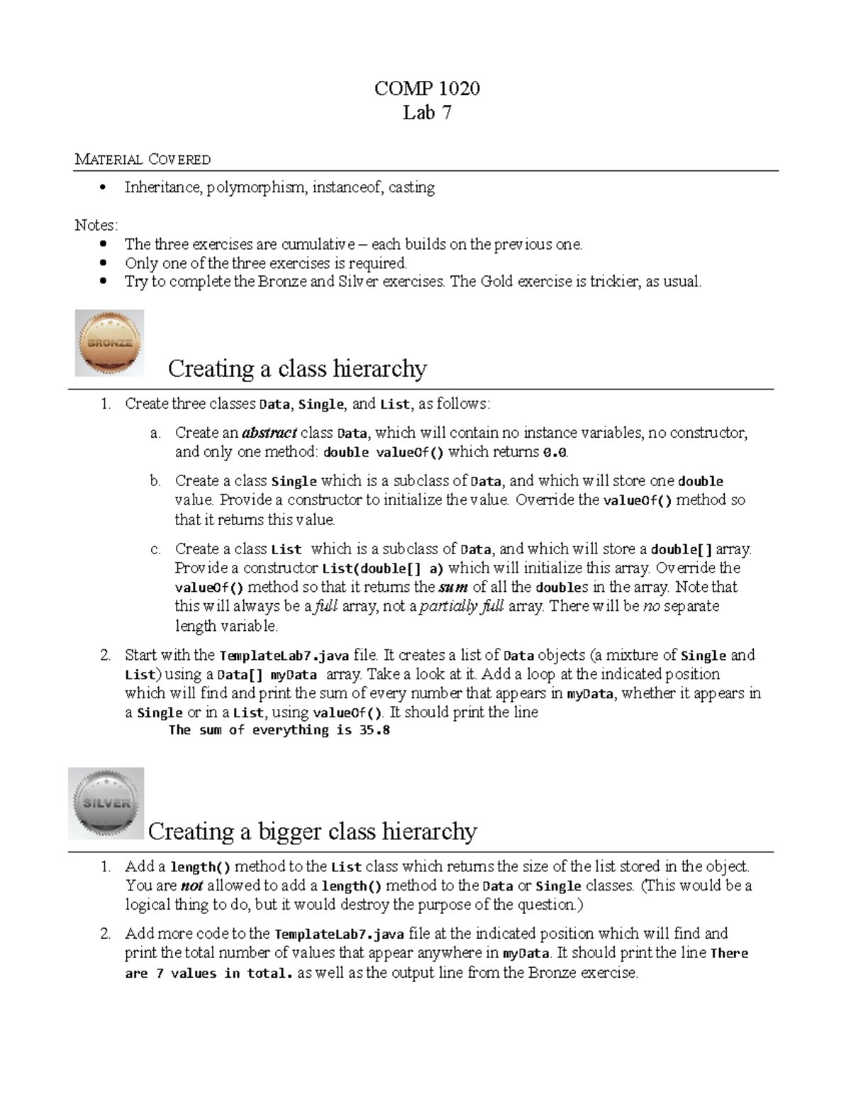Lab07 - Lab 7 question - COMP 1020 Lab 7 MATERIAL COVERED Inheritance, polymorphism, instanceof ...