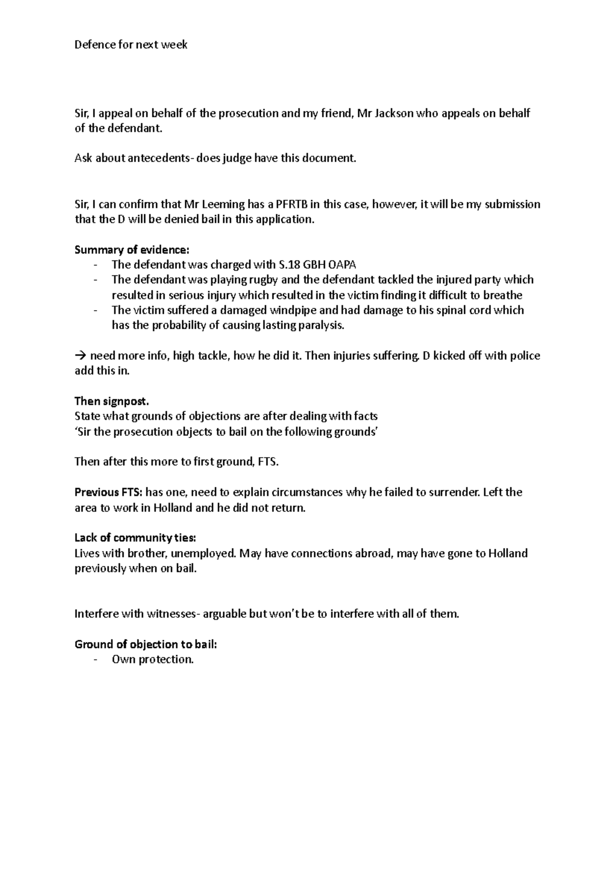 Advocacy- court room - Defence for next week Sir, I appeal on behalf of ...