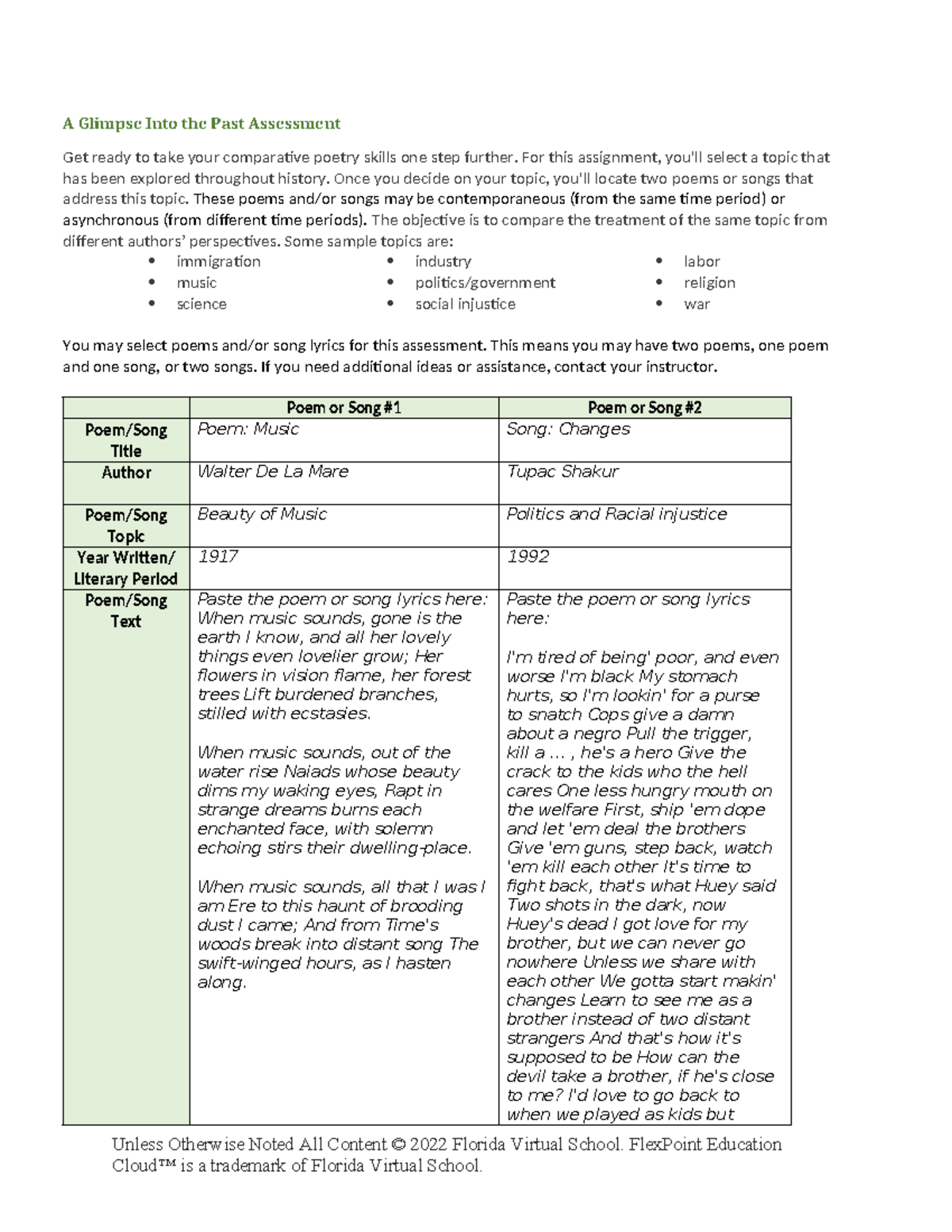 A glimpse into the past assess rubric - A Glimpse Into the Past ...