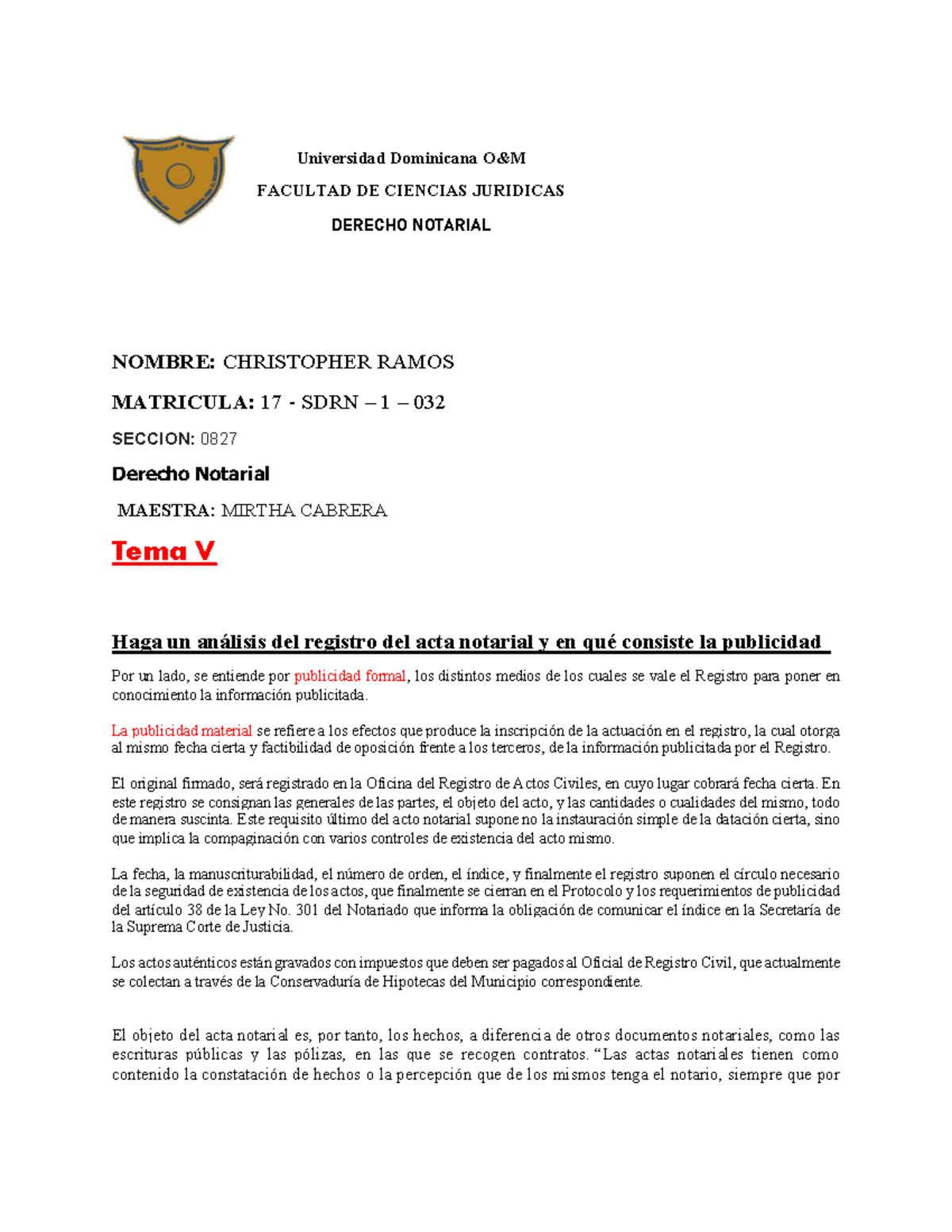 TEMA V - Registro DEL ACTA Notarial - TEMA V - CHRi Stopher Ramos ...
