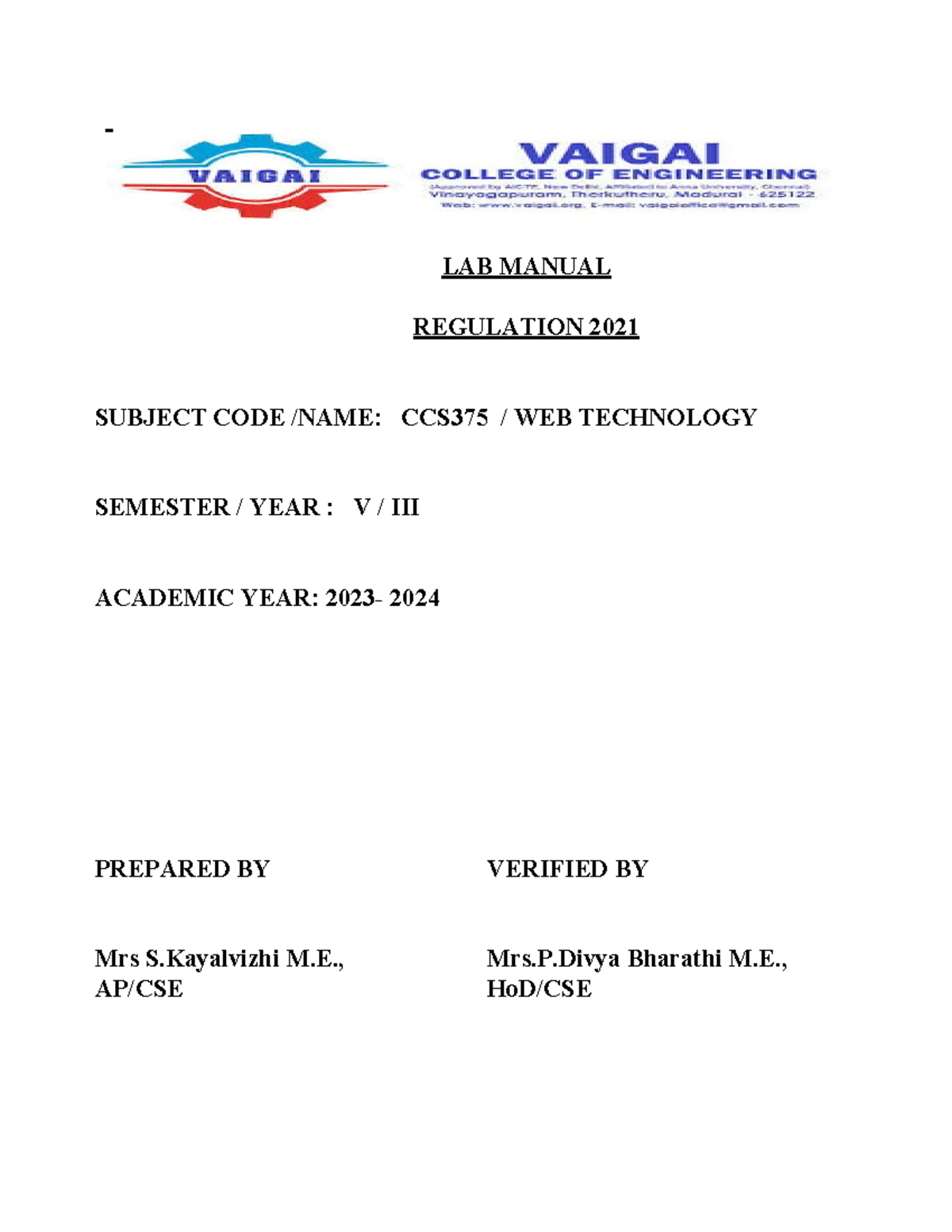WT LAB Manual - LAB MANUAL REGULATION 2021 SUBJECT CODE /NAME: CCS375 / WEB TECHNOLOGY SEMESTER ...