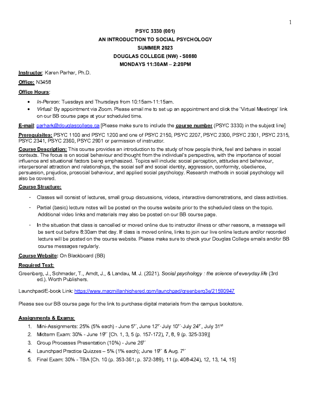 PSYC 3330 Karen (001) Course Outline S23 - PSYC 3330 (001) AN ...