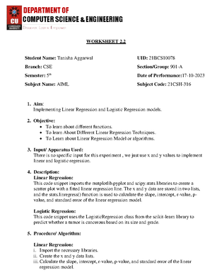 AIML2 AIML1 - aiml - COMPUTER SCIENCE & ENGINEERING Experiment1. 2 Student Name: Soumyadeep ...
